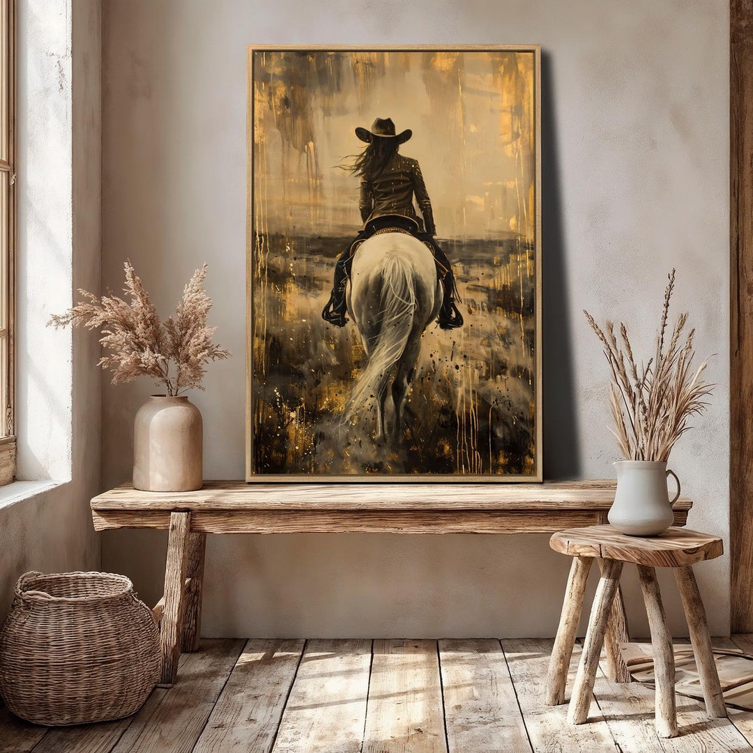 Modern Western Cowgirl Framed Canvas Wall Art Equestrian Rider in Sepia ...
