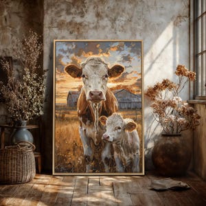 Rustic Farm Life Scene Framed Canvas Wall Art Cow and Calf Grazing in a ...