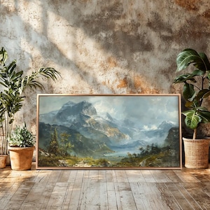 Mountain Landscape Framed Canvas Wall Art Snow Capped Peaks Painting ...
