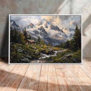 Mountain Snowy Peaks Framed Canvas Wall Art Alpine Scenery Painting ...