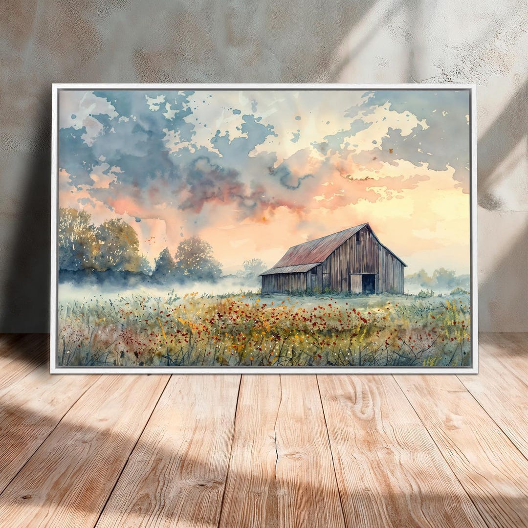 Scenic Rural Barn Framed Canvas Wall Art Abstract Countryside Meadow ...