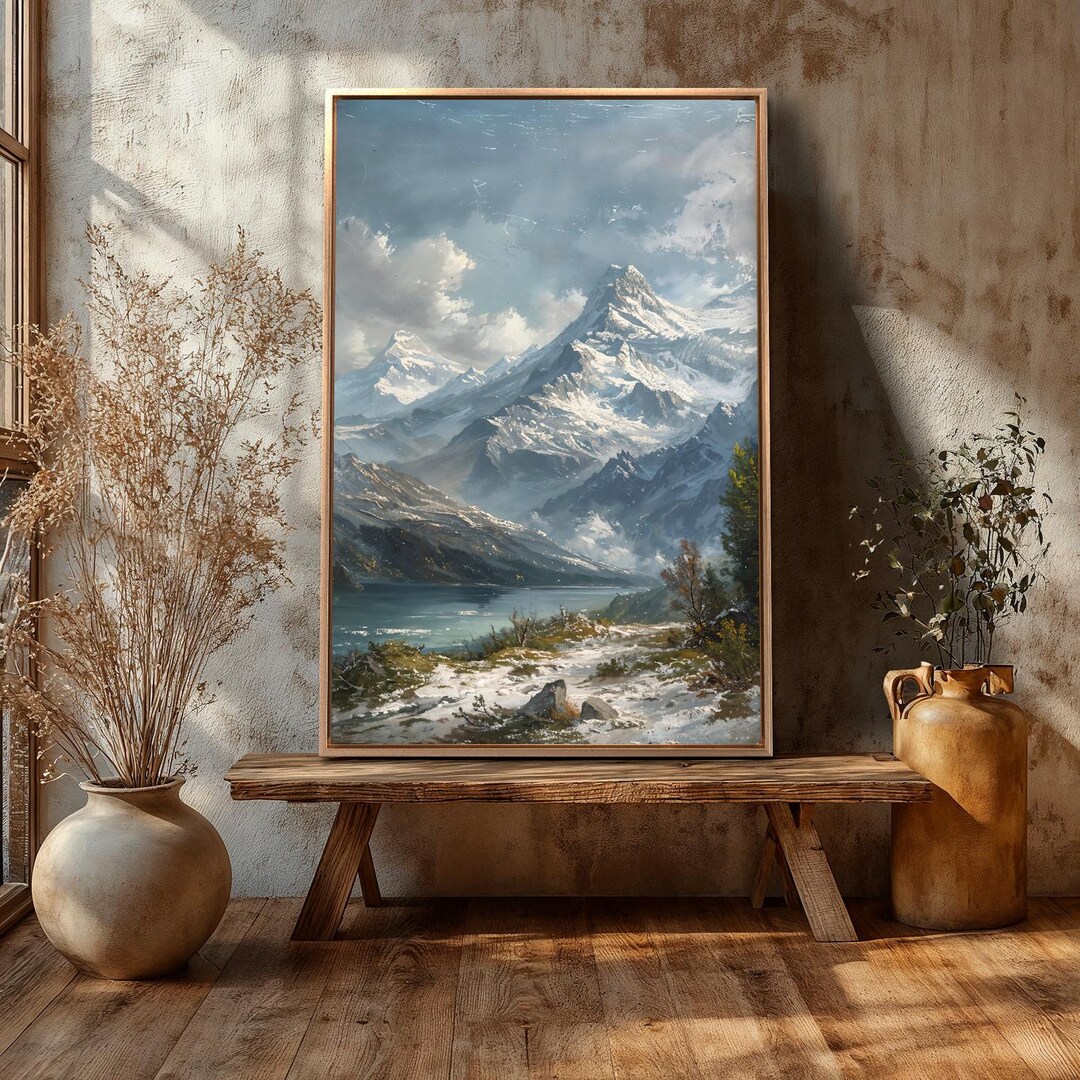 Nature Landscape Framed Canvas Wall Art Snowy Mountains Painting Print ...