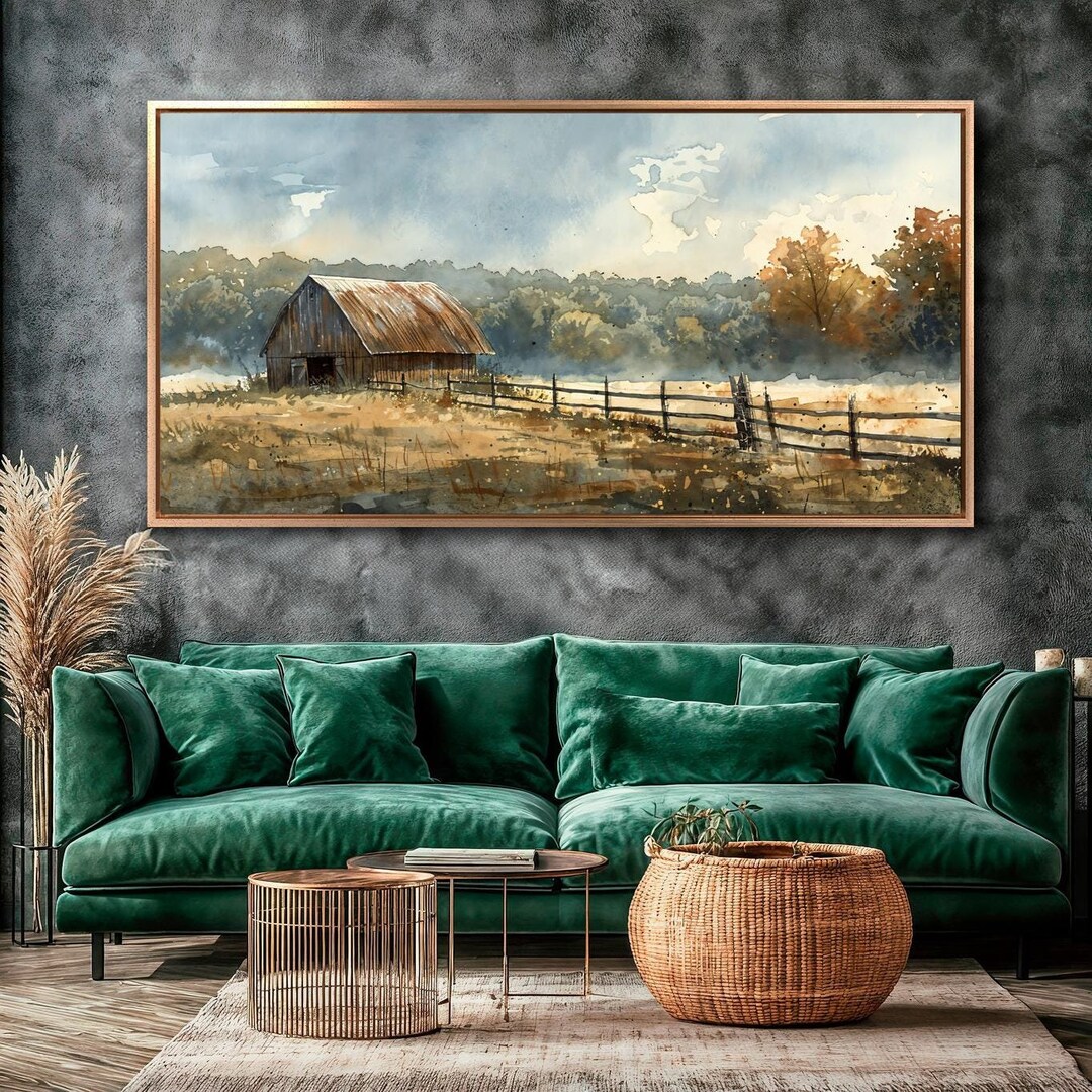 Country Barn in Field Framed Canvas Wall Art Rustic Autumn Landscape ...
