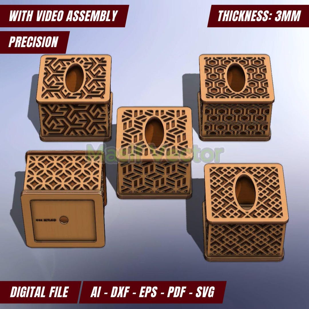 Laser Cut Files - Square Tissue Box With Sliding Cover - 5 Different ...