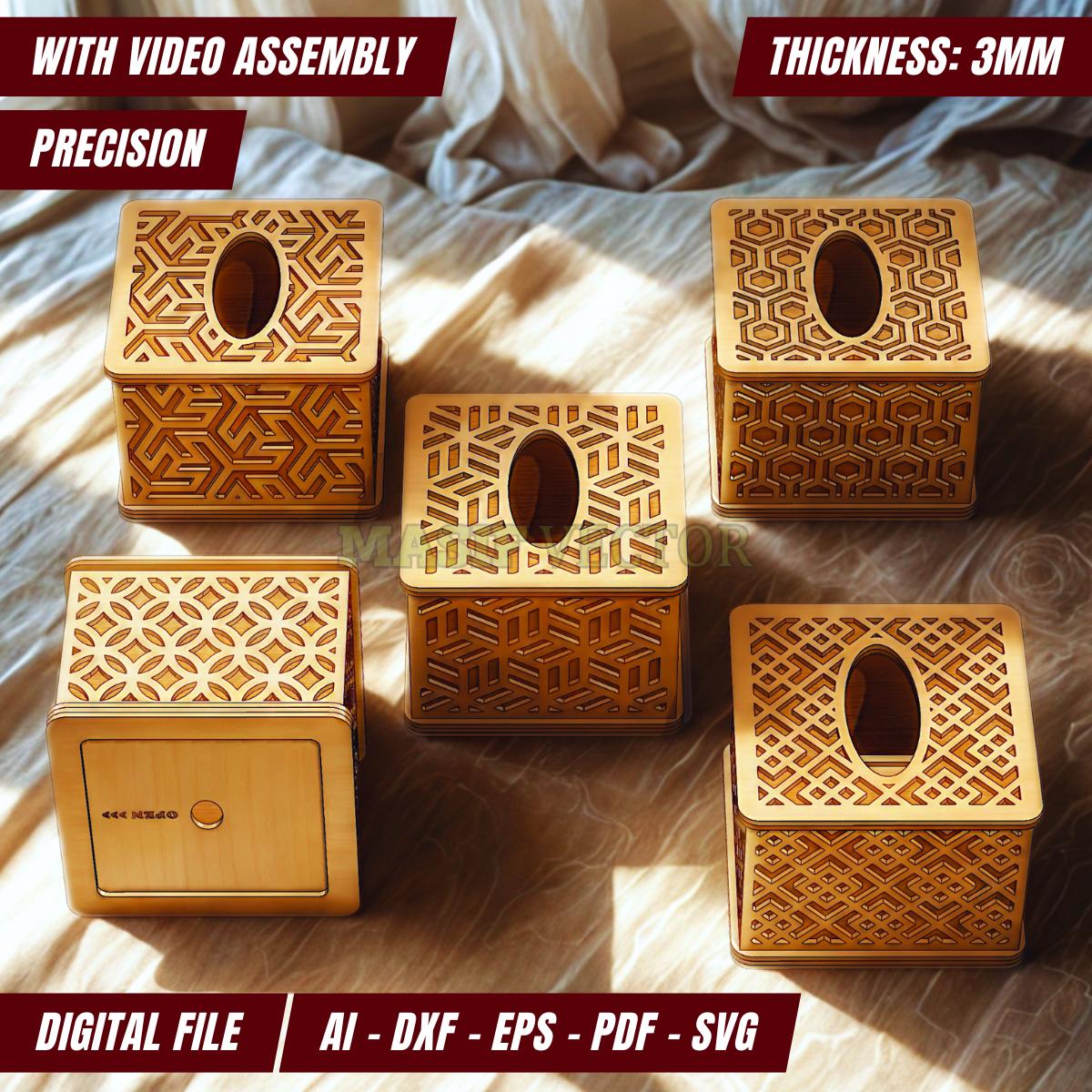 Laser Cut Files - Square Tissue Box With Sliding Cover - 5 Different ...