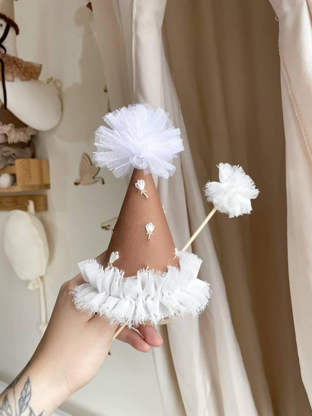 Handmade Embroidered Floral Party Hat With Tulle Pom-pom - Etsy