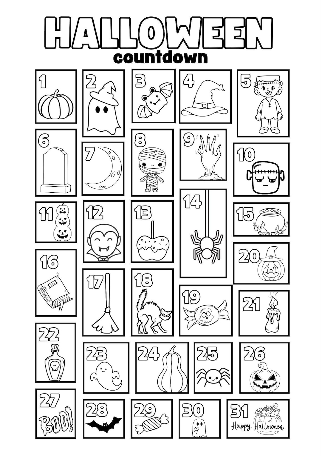 Halloween Countdown Coloring Calendar | Fun 31-day Printable for Kids ...