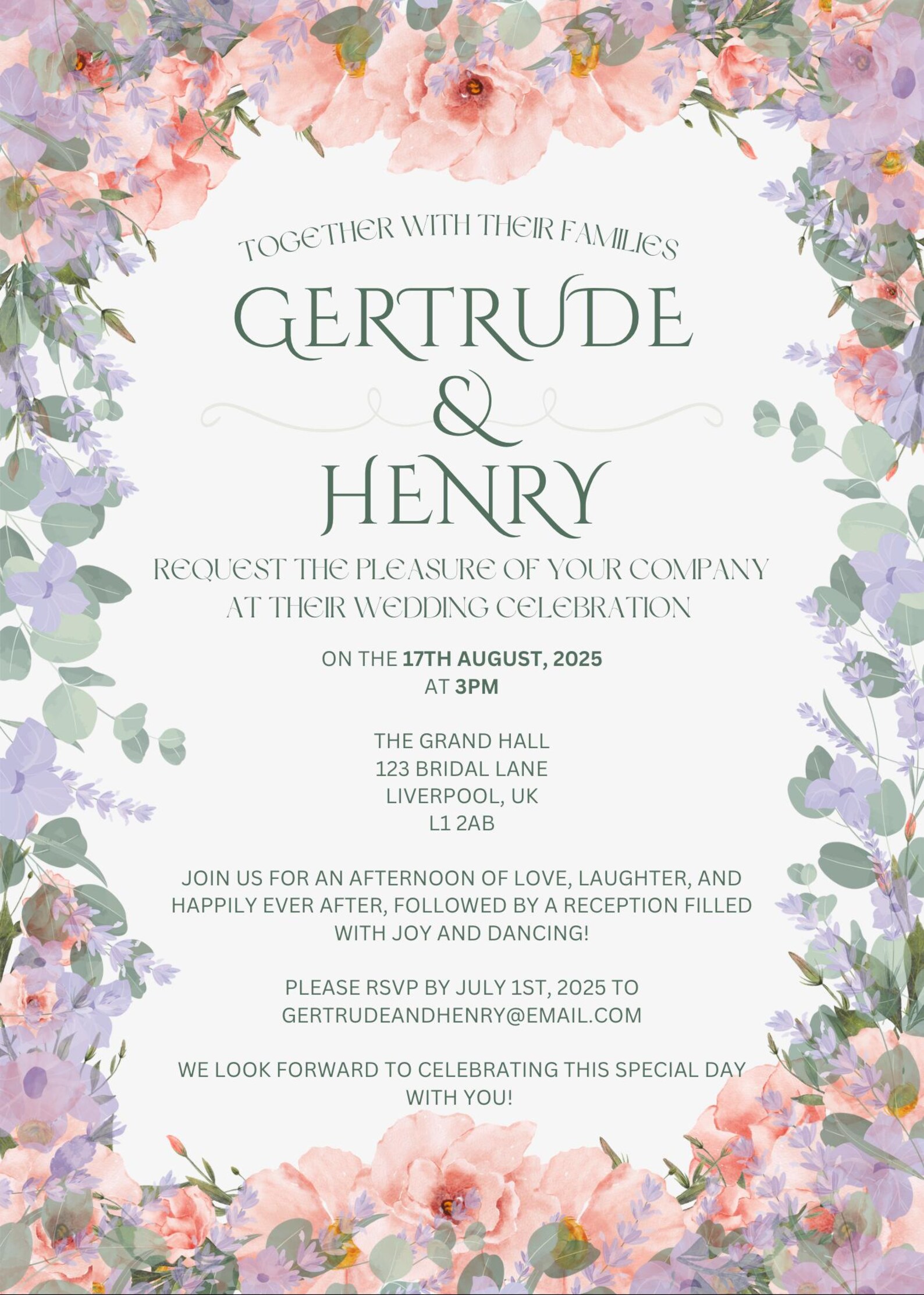 Rustic Peach & Lavender Wedding Invitation | Instant Download | 5 X 7 ...