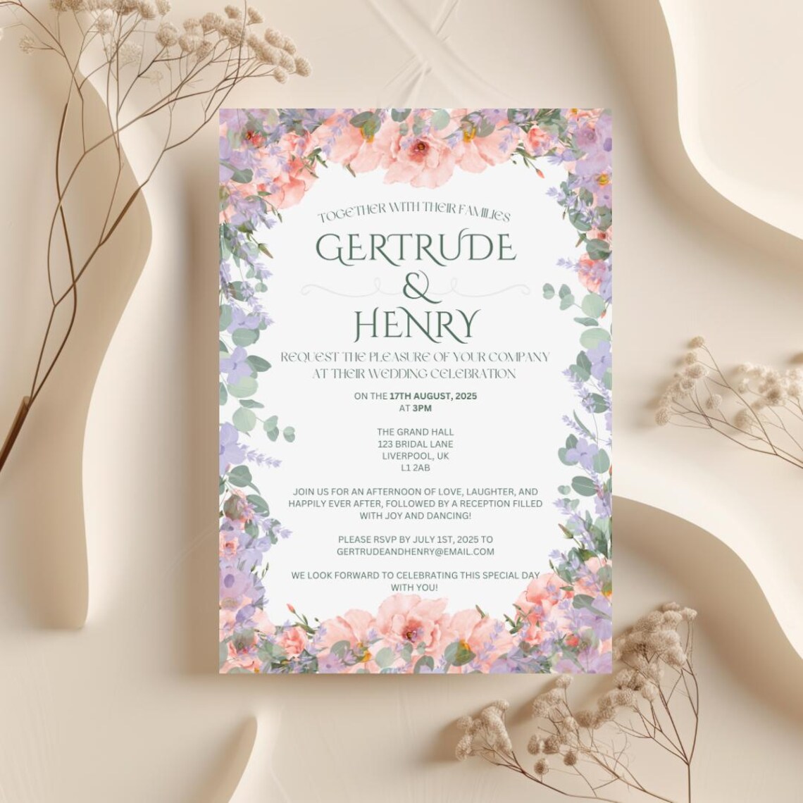 Rustic Peach & Lavender Wedding Invitation | Instant Download | 5 X 7 ...