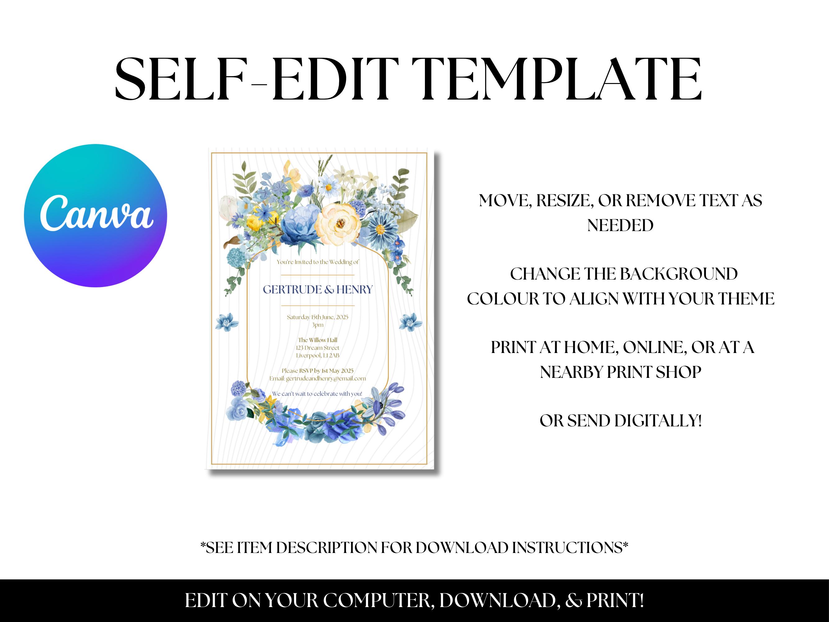 Rustic Blue, White, & Yellow Wedding Invitation | Instant Download | 5 ...