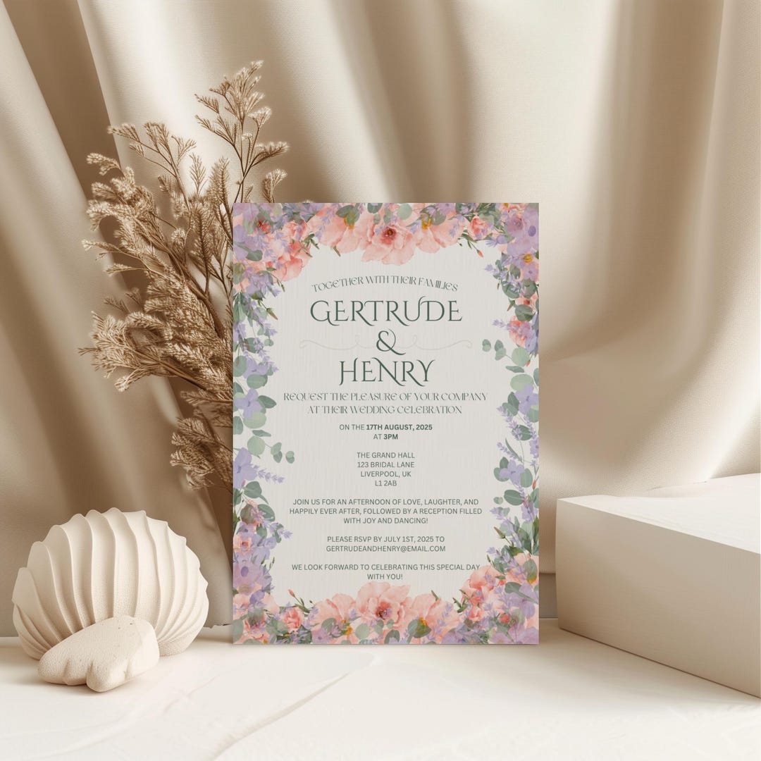 Rustic Peach & Lavender Wedding Invitation | Instant Download | 5 X 7 ...