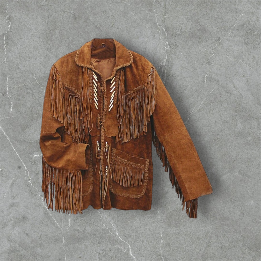 Men's Traditional Western Cowboy Style Leather Jacket Coat With Fringes ...