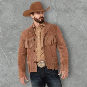 Men Vintage Fringe Suede Leather Jacket, Men Western Cowboy Leather ...