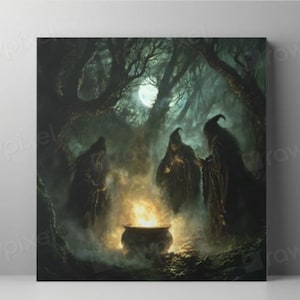 Three Witches From Macbeth Dark Forest Witchcraft Art, Spooky Cauldron ...