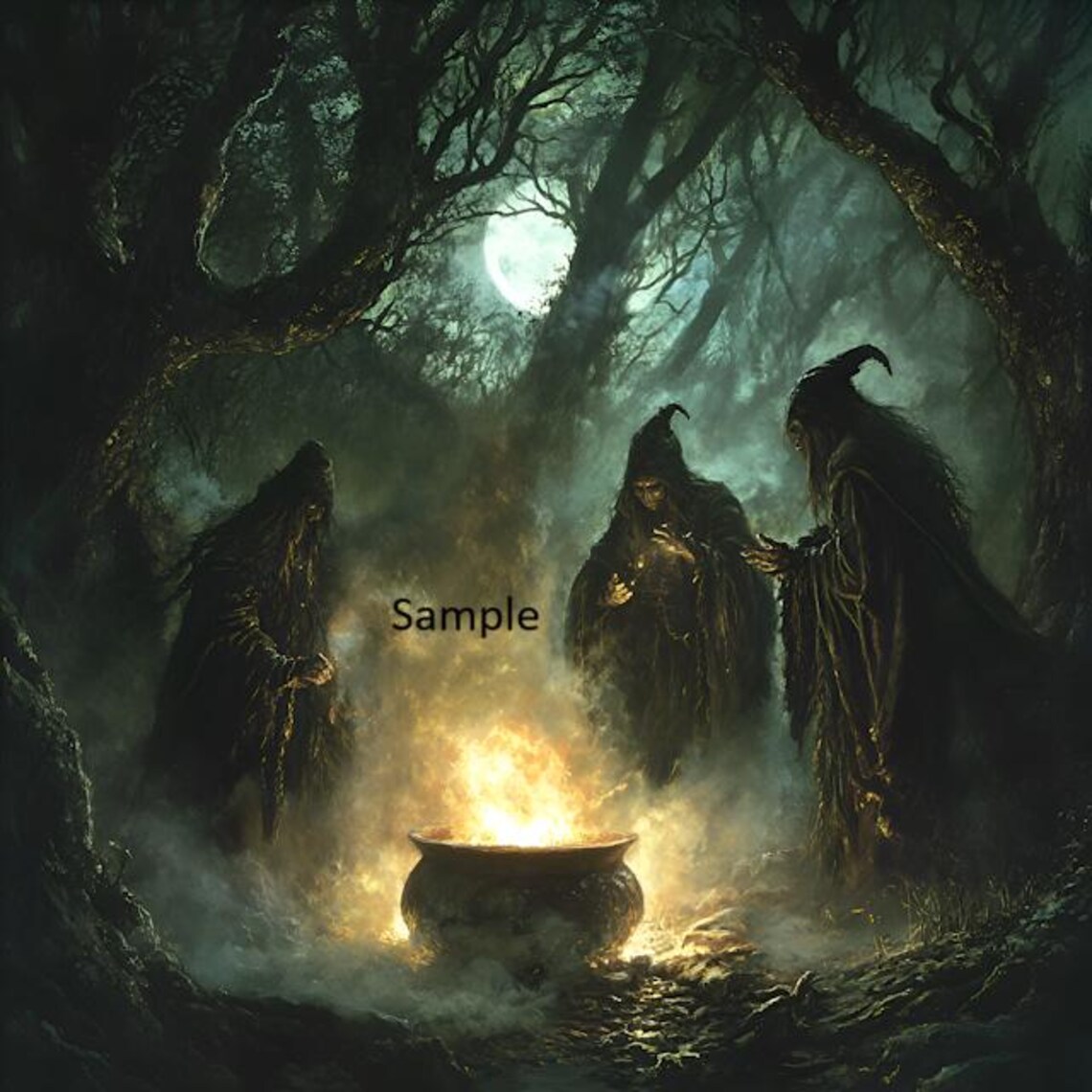 Three Witches From Macbeth Dark Forest Witchcraft Art, Spooky Cauldron ...
