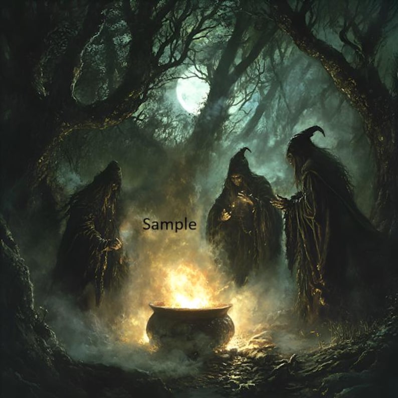 Three Witches From Macbeth Dark Forest Witchcraft Art, Spooky Cauldron ...