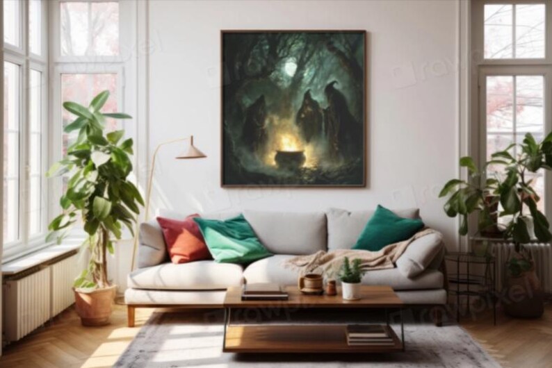 Three Witches From Macbeth Dark Forest Witchcraft Art, Spooky Cauldron ...