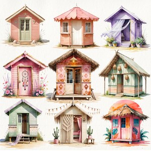 Boho Beach Huts Watercolor Clipart: Coastal Summer PNG Set (digital ...
