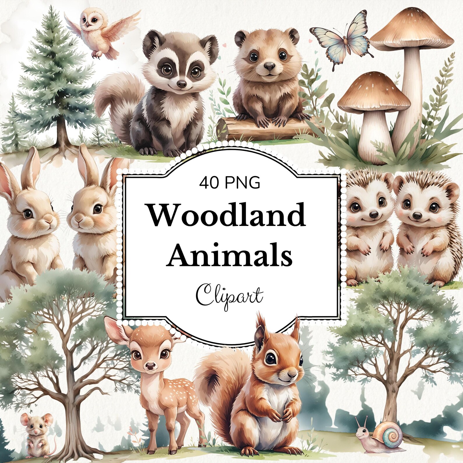 Watercolor Woodland Animals Clipart: Forest Creatures PNG (digital ...