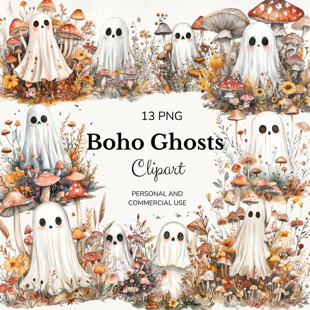 Boho Ghost Clipart: Watercolor Halloween PNG Bundle (13 Files) - Etsy
