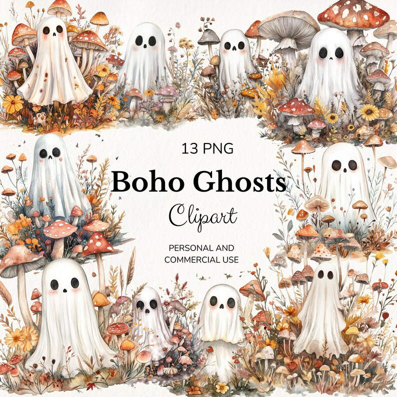 Cute Boho Ghost Clipart, Watercolour Clipart, 13 PNG Halloween Clipart ...