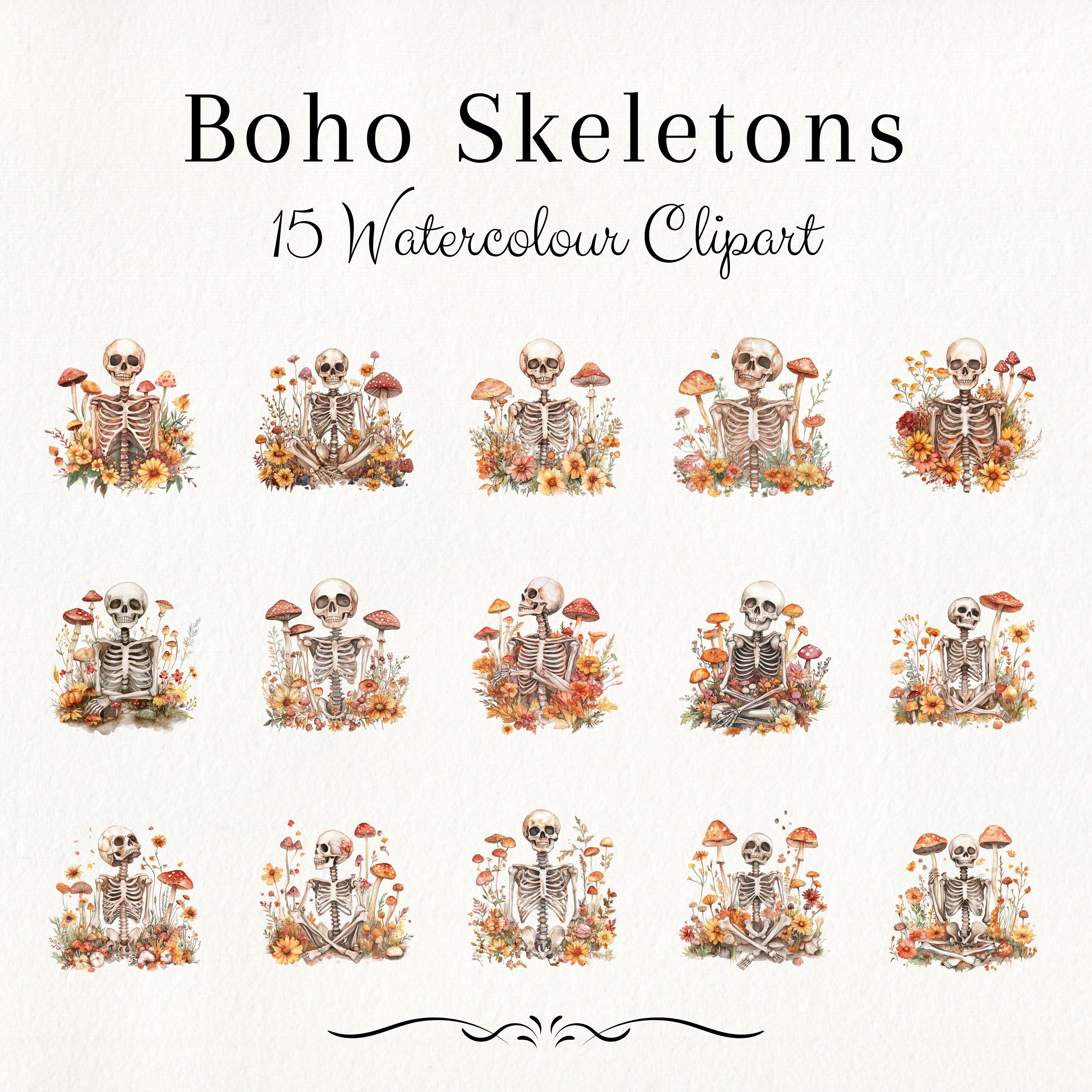 Boho Skeleton Ghost Clipart, Watercolour Clipart, 15PNG Halloween ...