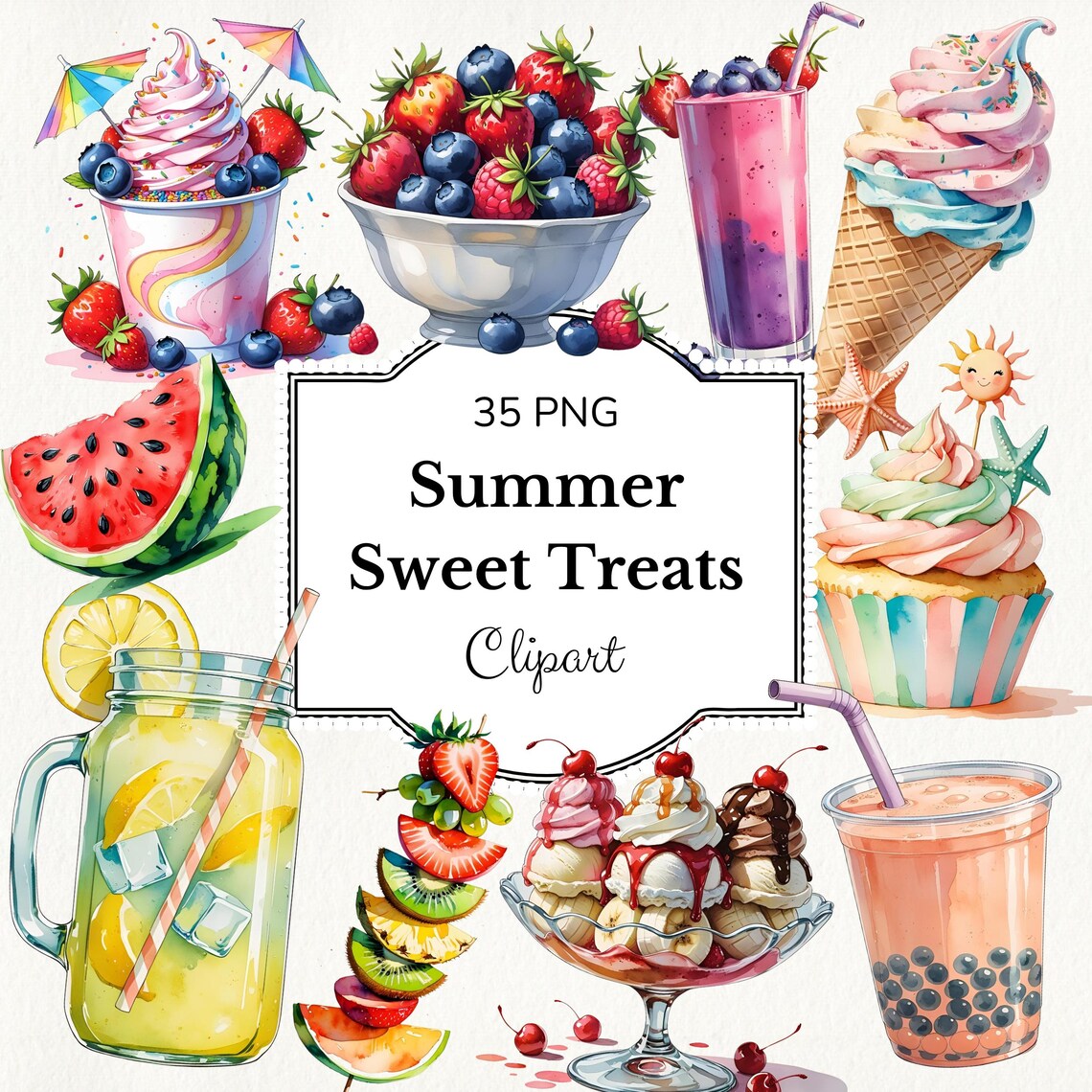 Summer Sweet Treats Clipart – Watercolour Sweet Treats, Food and Drinks ...