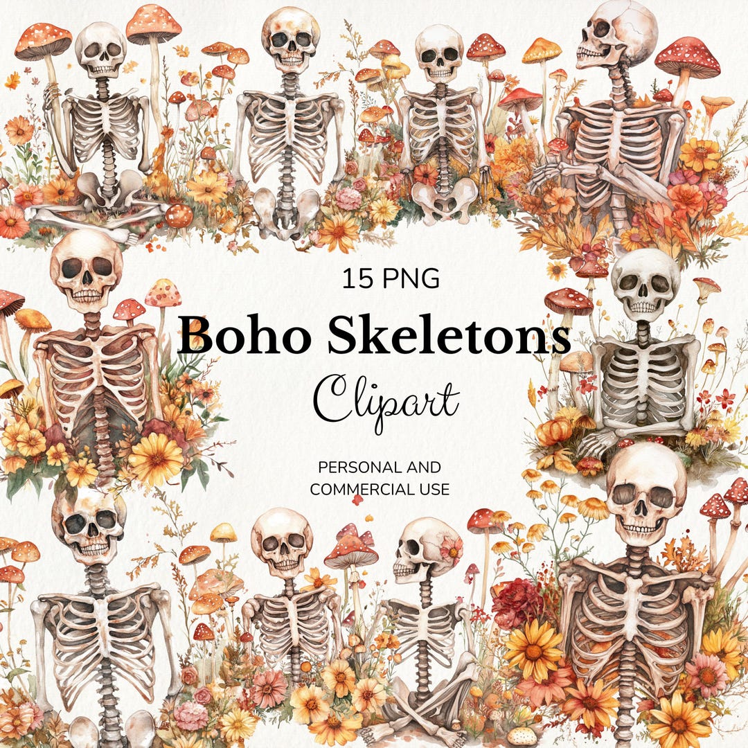 Boho Skeleton Ghost Clipart, Watercolour Clipart, 15PNG Halloween ...