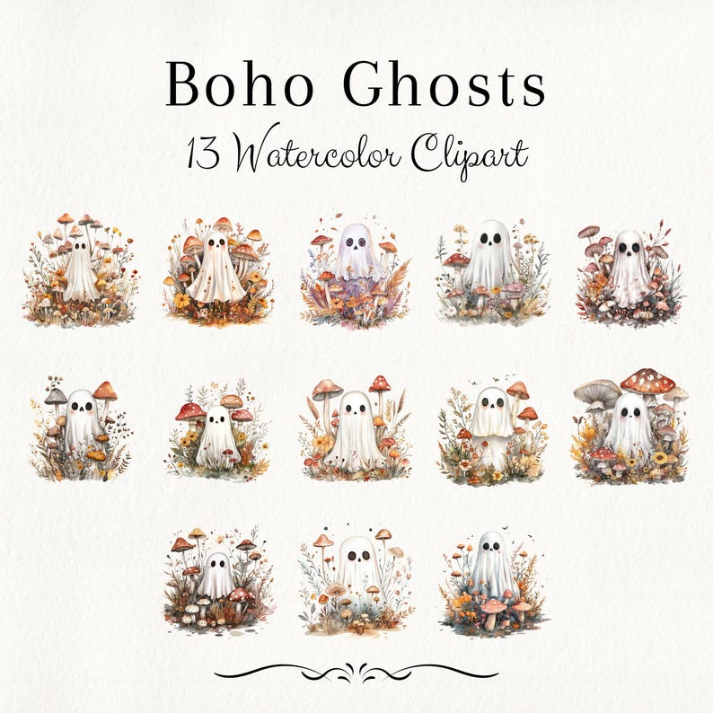 Cute Boho Ghost Clipart, Watercolour Clipart, 13 PNG Halloween Clipart ...
