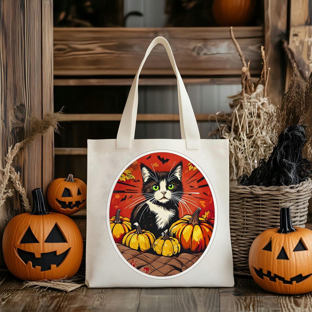 Tuexdo Cat Halloween Tote Bag, Trick or Treat Canvas Bag, Black Cat ...