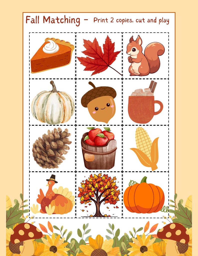 Printable Fall Matching Game, Fall Memory Game, Fall Preschool Activity ...