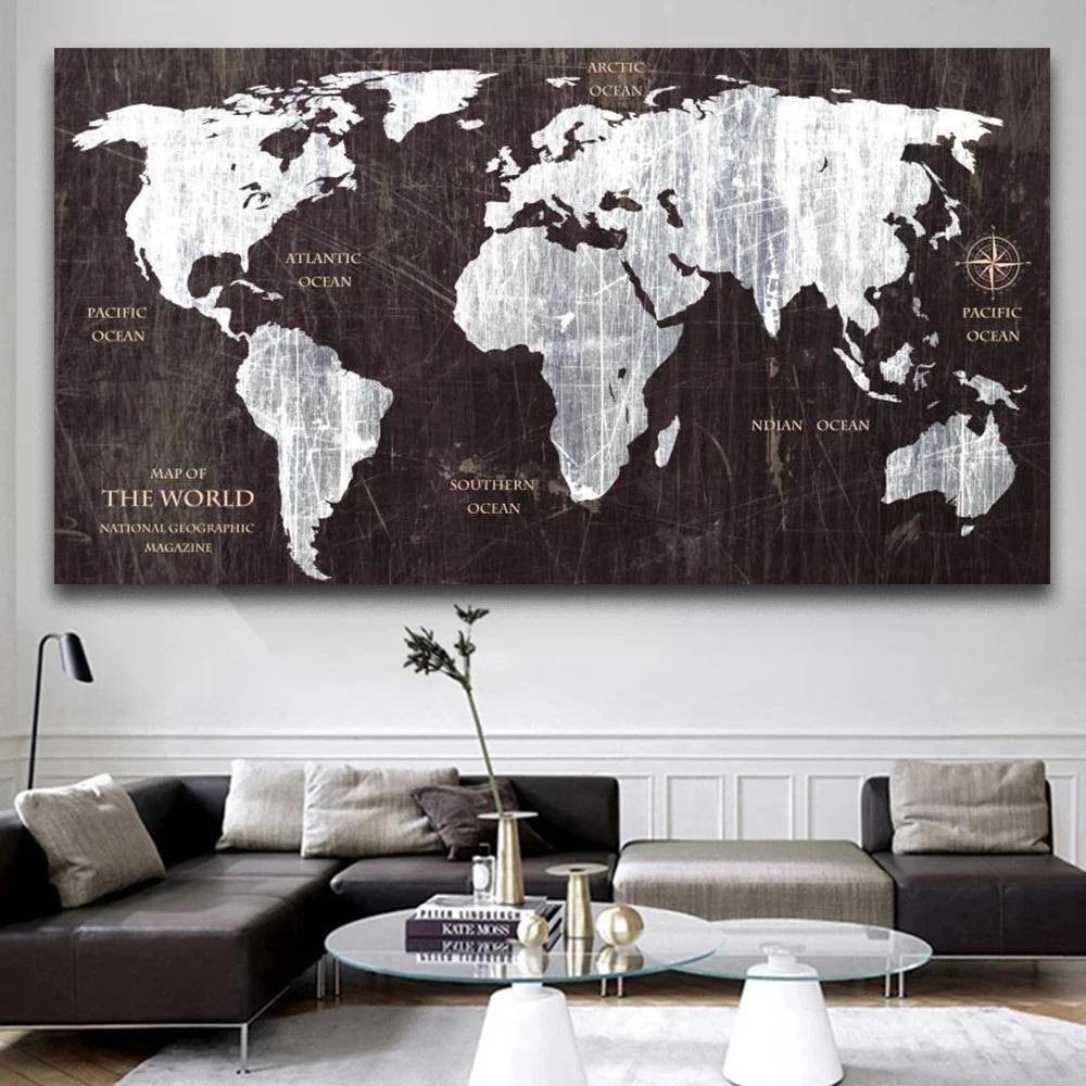 Vintage Metal Style World Map Wall Art Posters Modern Exquisite Home ...