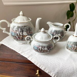 Vintage Winter Tea Set - Teapot, Creamer, Sugar Bowl, Bell - Etsy
