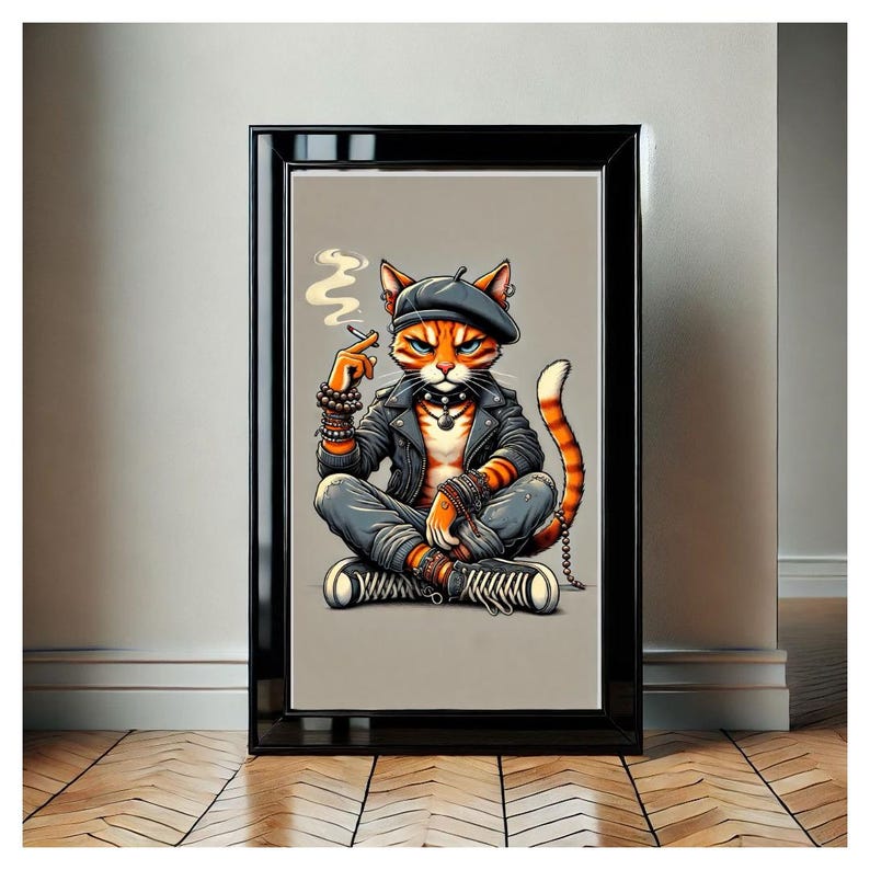 Punk Cat Art Print Smoking Rebel Cat Illustration, Edgy Animal Wall ...