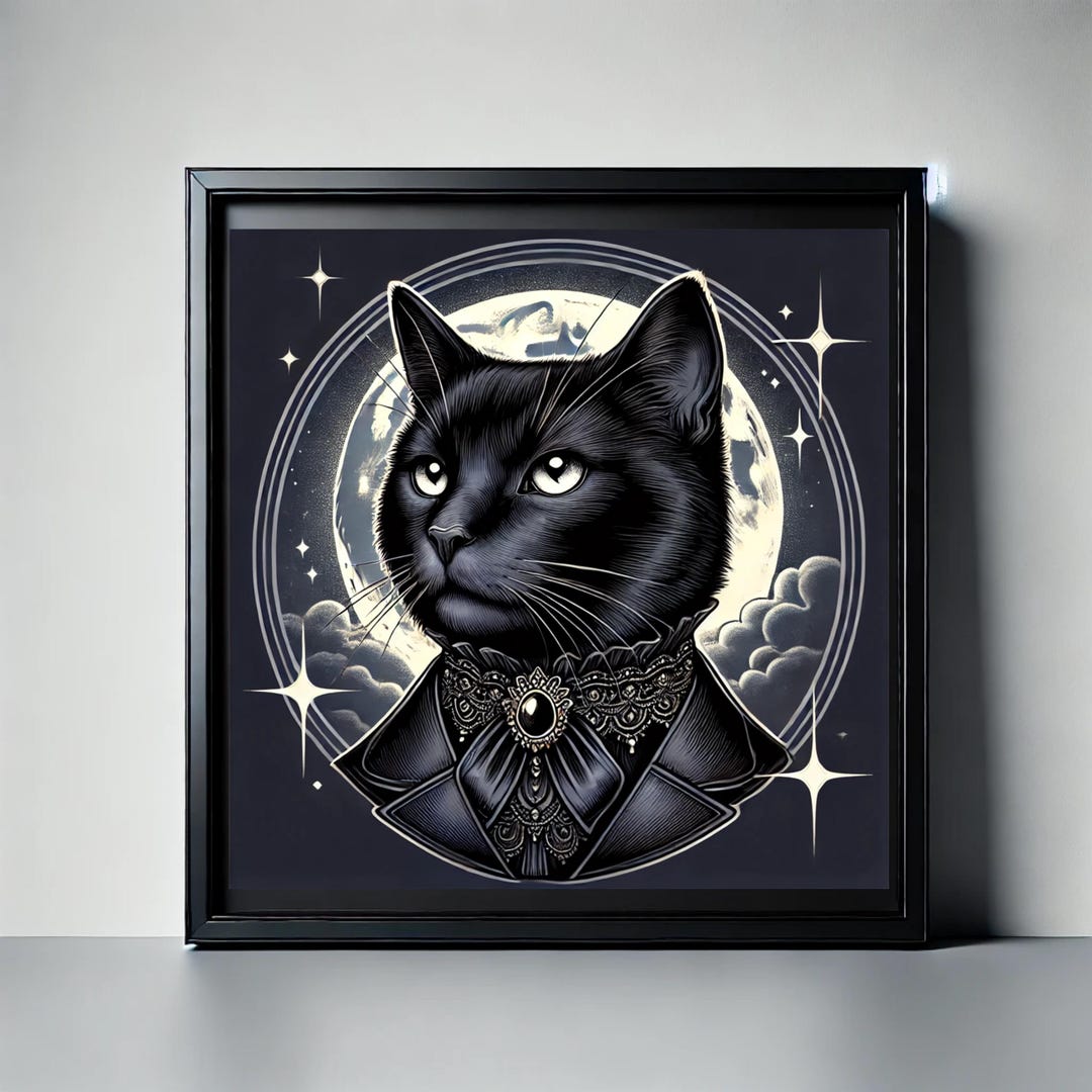 Victorian Gothic Black Cat Art Print Mystical Celestial Cat Wall Decor ...