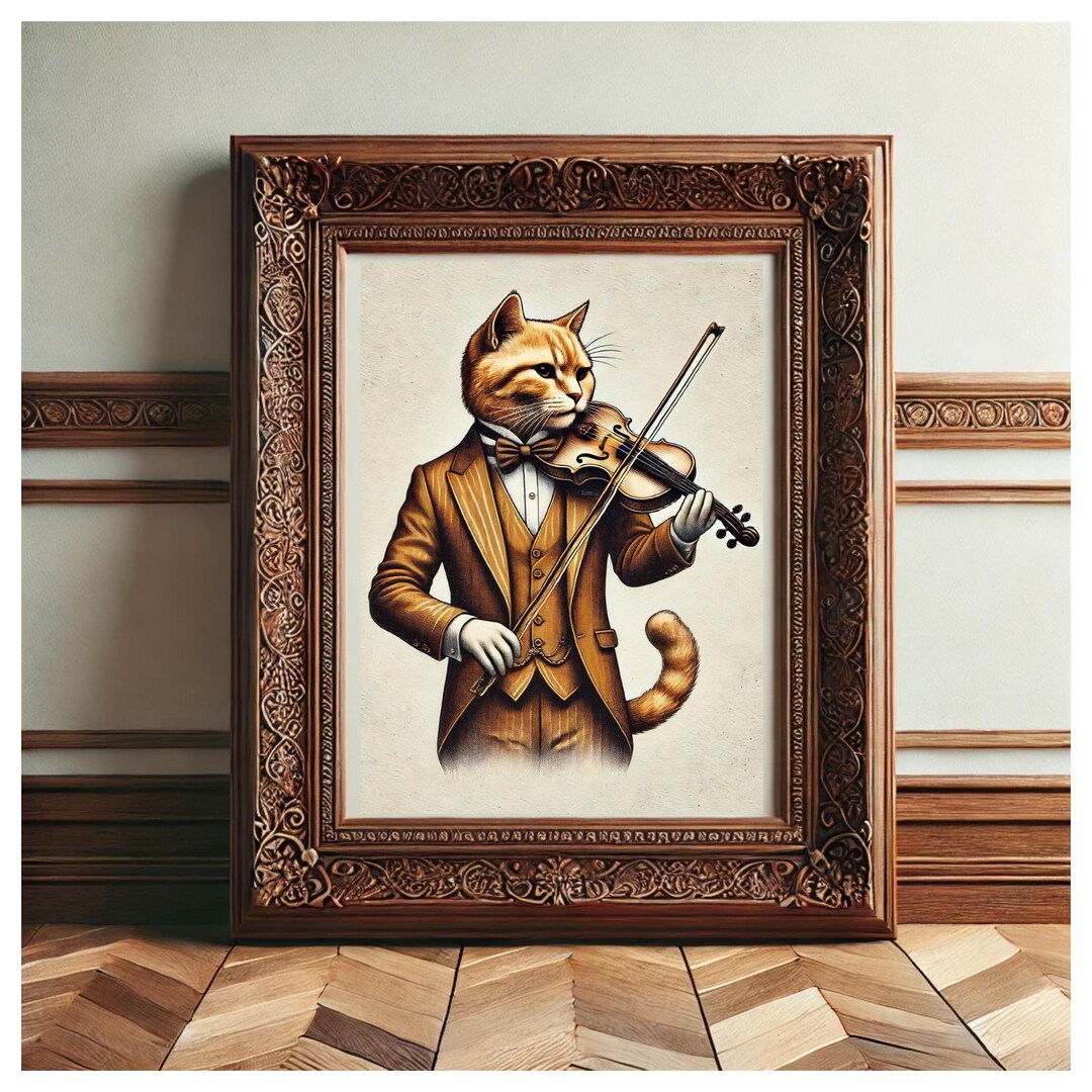 Elegant Cat Art Print Sophisticated Cat Playing Violin Illustration ...