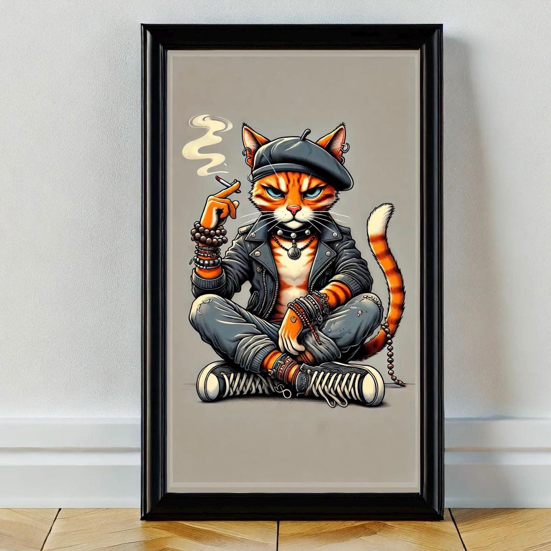 Smoking Gothic Cat Art Print Cat in Leather Jacket Tattoo Style Cat ...