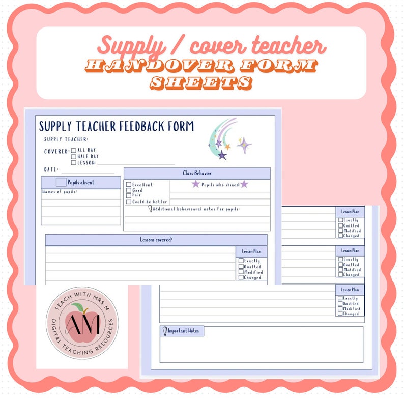 Supply / Cover Teacher Handover Form / Sheet in Lilac and Teal - Etsy