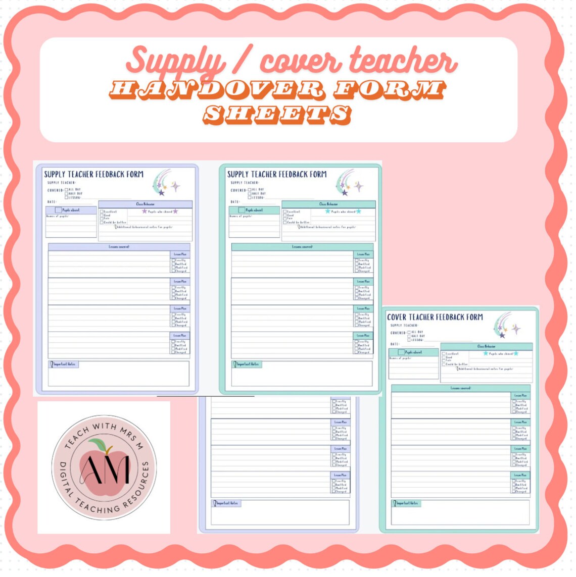 Supply / Cover Teacher Handover Form / Sheet in Lilac and Teal - Etsy