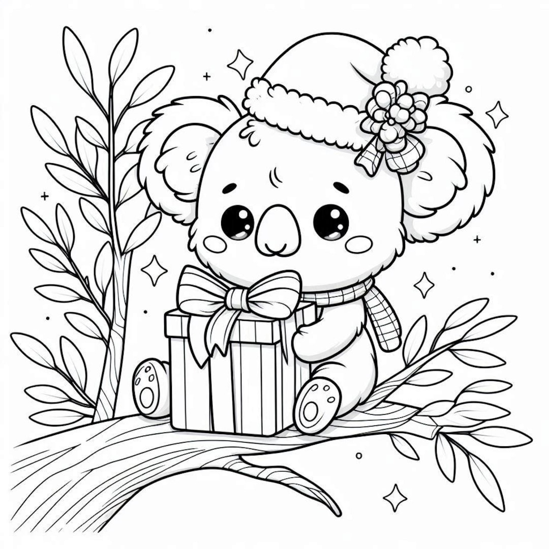 Kawaii Koala Christmas Colouring Page | Cute Australian Animal Festive ...