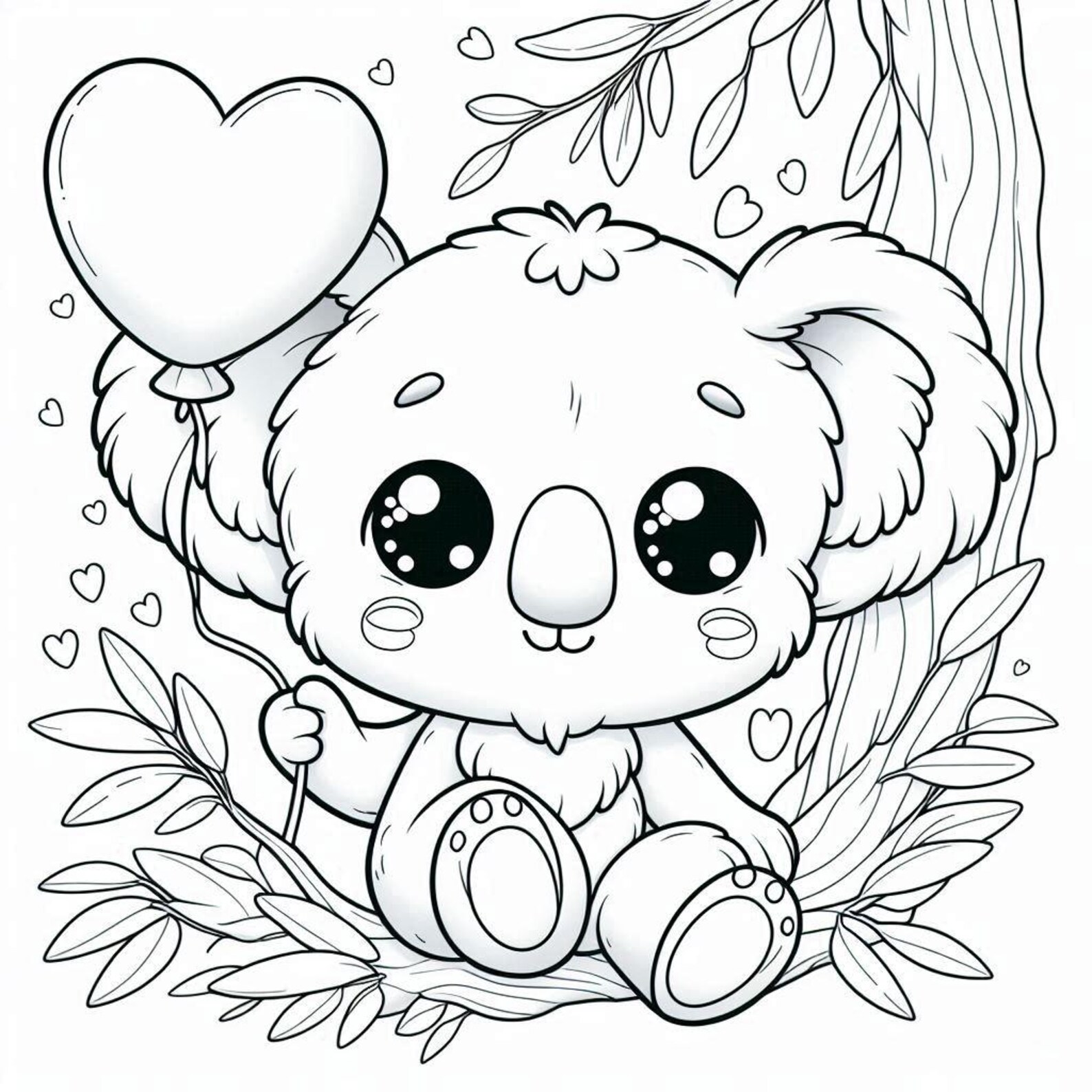 Kawaii Koala With Heart Balloon Colouring Page | Australian Valentine ...