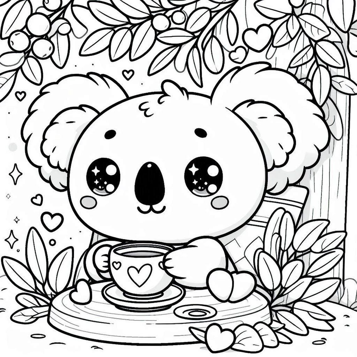 Kawaii Koala Drinking Tea Coloring Page | Printable Self-care Activity ...