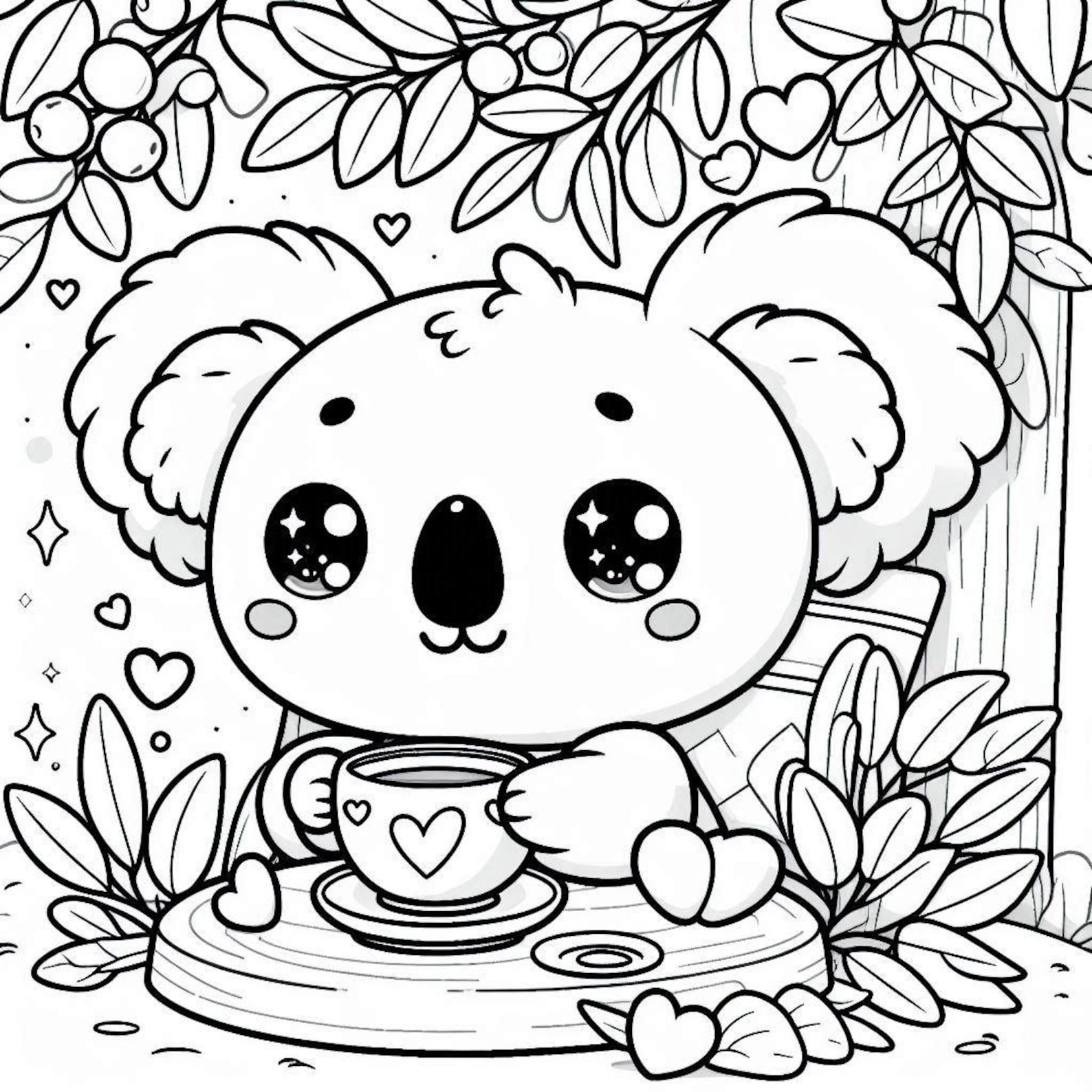 Kawaii Koala Drinking Tea Coloring Page | Printable Self-care Activity ...
