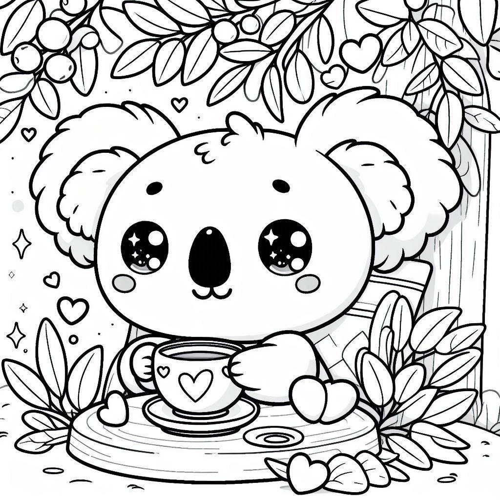 Kawaii Koala Drinking Tea Coloring Page | Printable Self-care Activity ...
