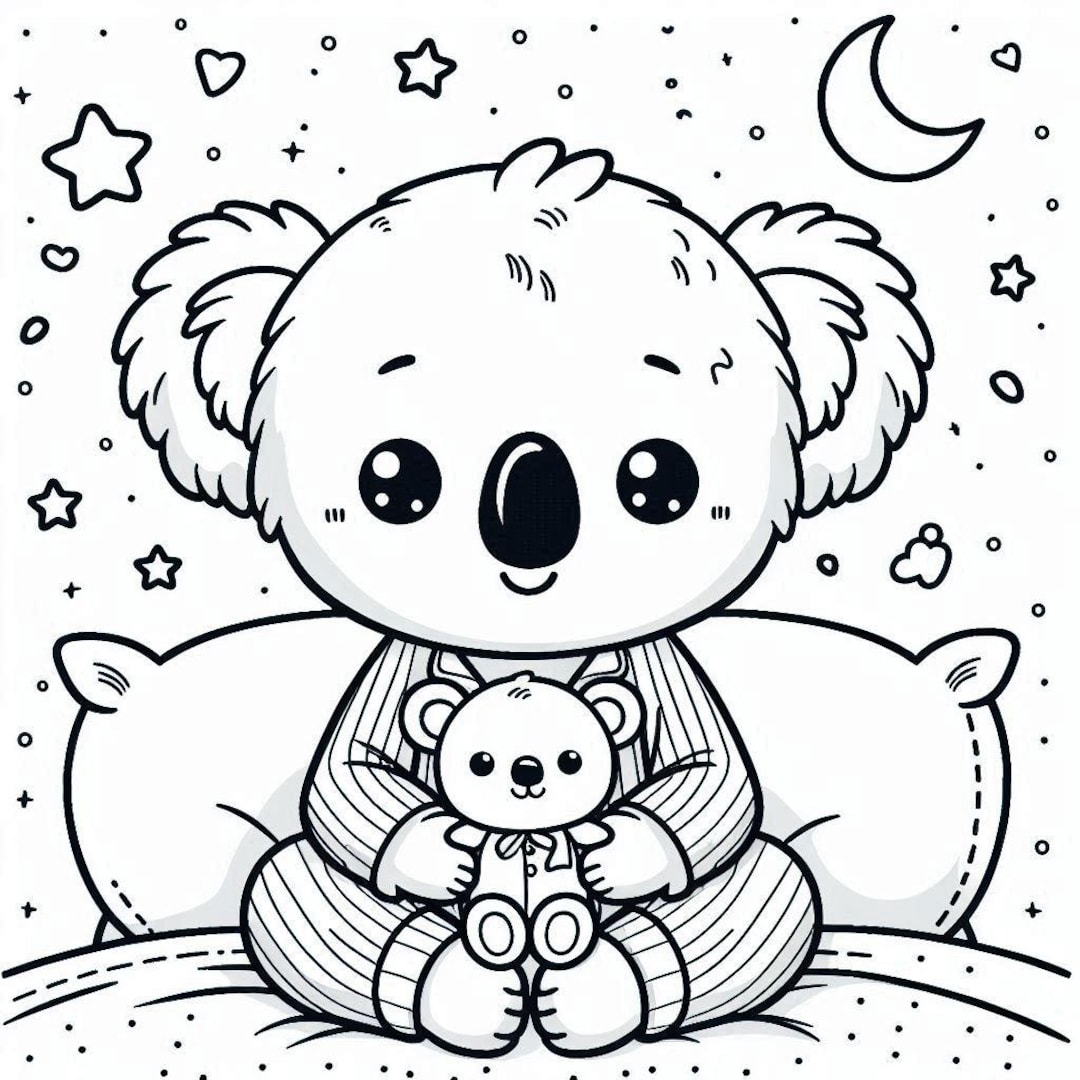 Cozy Koala in Pyjamas Colouring Page | Kawaii Bedtime Fun | Digital ...