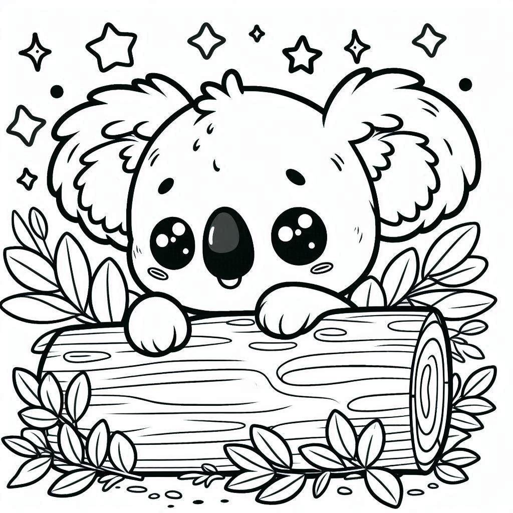 Kawaii Koala Behind a Log Colouring Page | Fun Aussie Wildlife Art ...
