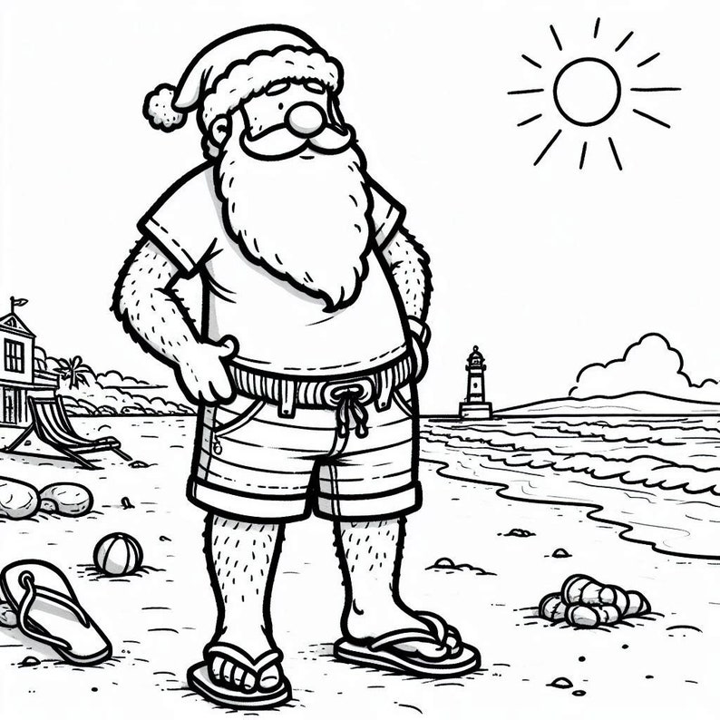 Santa on a Beach, Australian Christmas Colouring Sheet - Etsy
