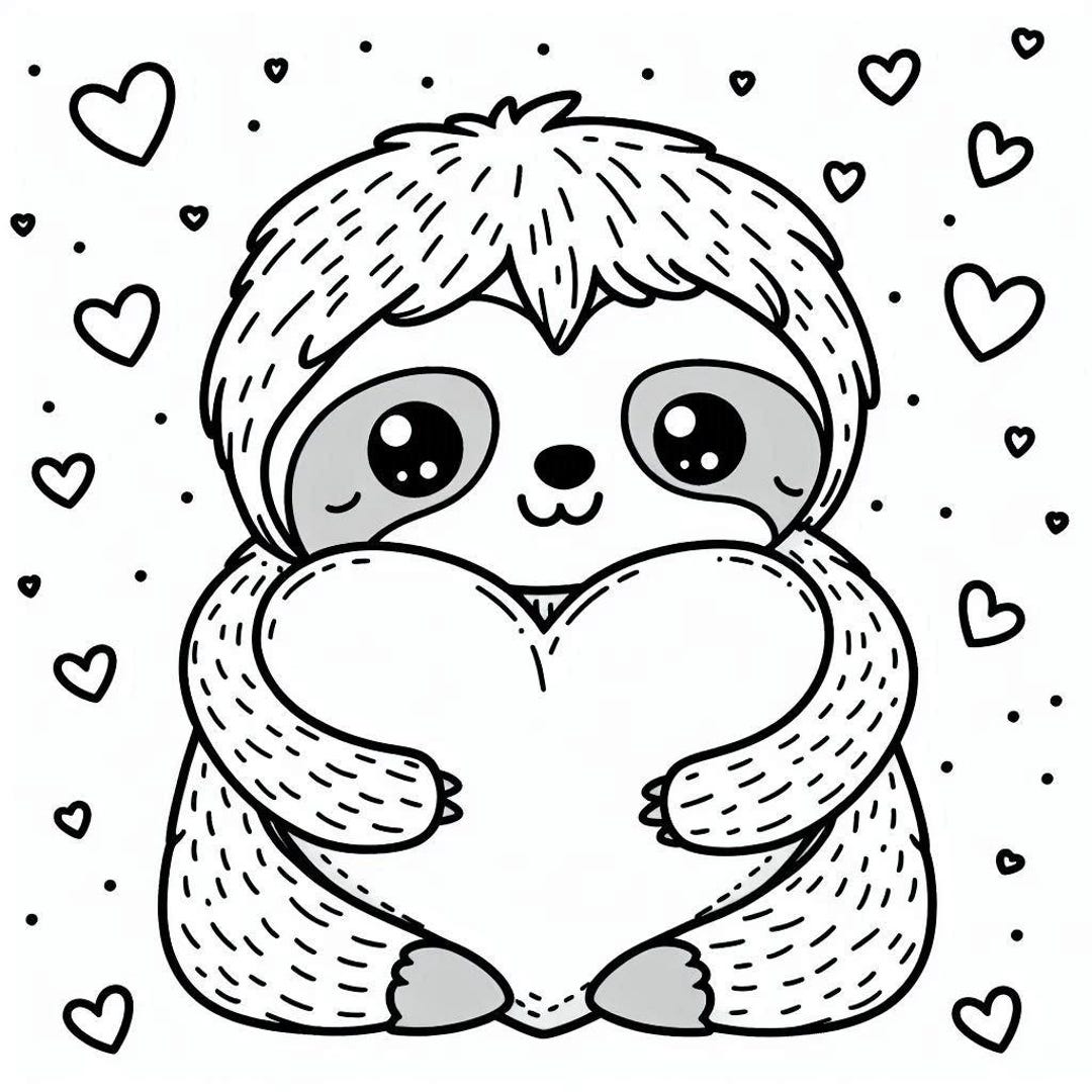 Kawaii Sloth Valentine’s Day Colouring Page | Adorable Love-themed ...