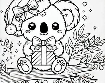 Kawaii Koala Christmas Colouring Page | Cute Australian Animal Festive ...