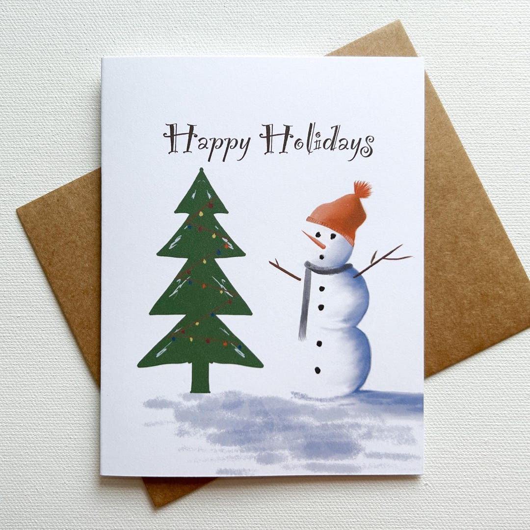 Christmas Tree Snowman "happy Holidays" Greeting Card - Blank Inside ...